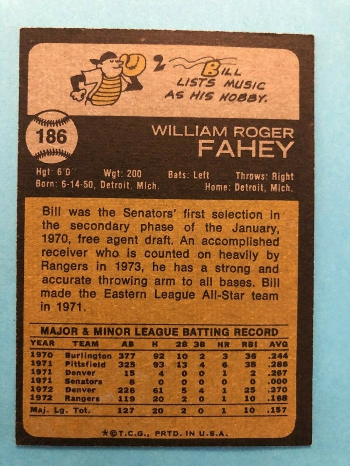 1973 Topps Card #186 Bill Fahey Texas Rangers | eBay