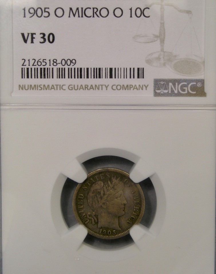1905 O BARBER LIBERTY HEAD SILVER DIME VERY SCARCE MICRO O MINT MARK ...