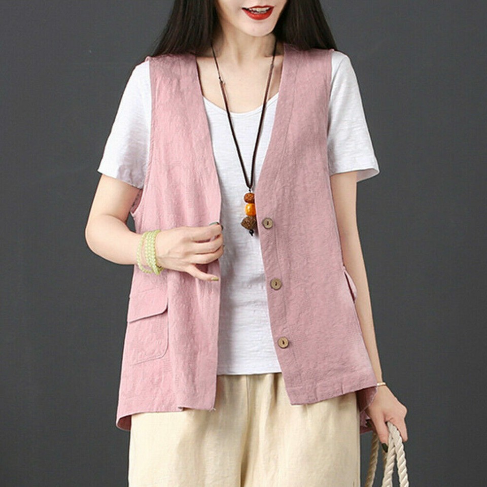 Womens Linen Vest Top Waistcoat Gilet V Neck Sleeveless Jacket Pocket ...
