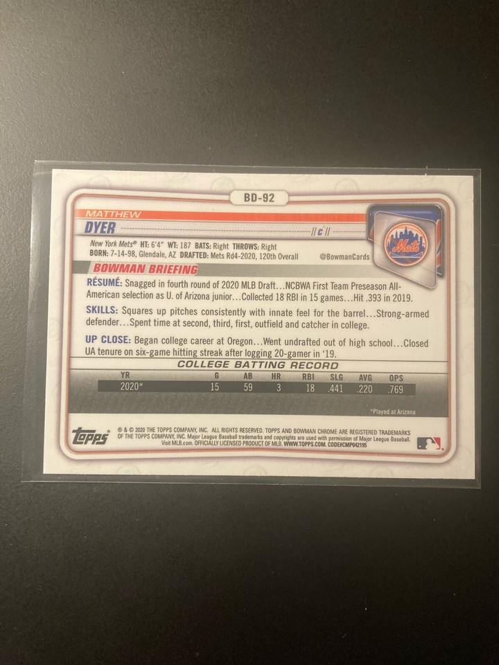 2020 Bowman Chrome Matthew Dyer 1st Rookie Prospect RC #BD-92 New York ...