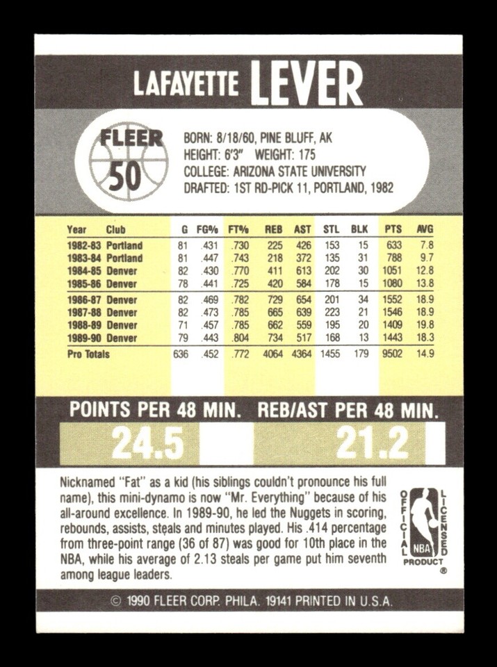 1990-91 Fleer #50 Lafayette Lever | eBay