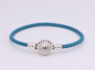 6.7" Authentic PANDORA Seashell Clasp Blue Leather Charm Bracelet ...