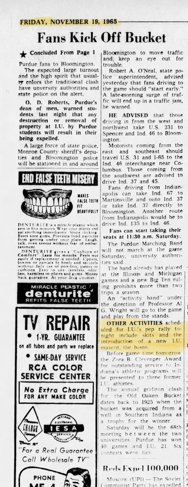 Indiana University Hoosier The Bison Mascot Debut Nov 20 1965 PSA ...