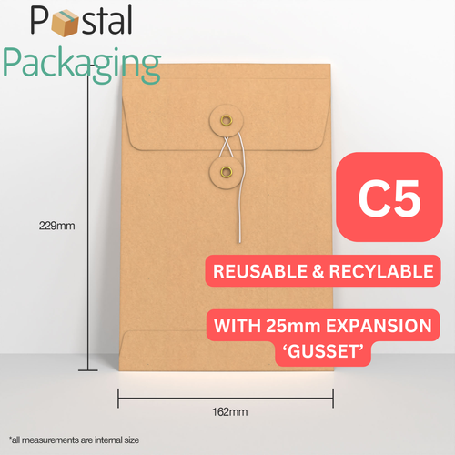 C5/A5 (229 x 162mm) Manilla Brown String & Washer Envelopes (Gusset ...