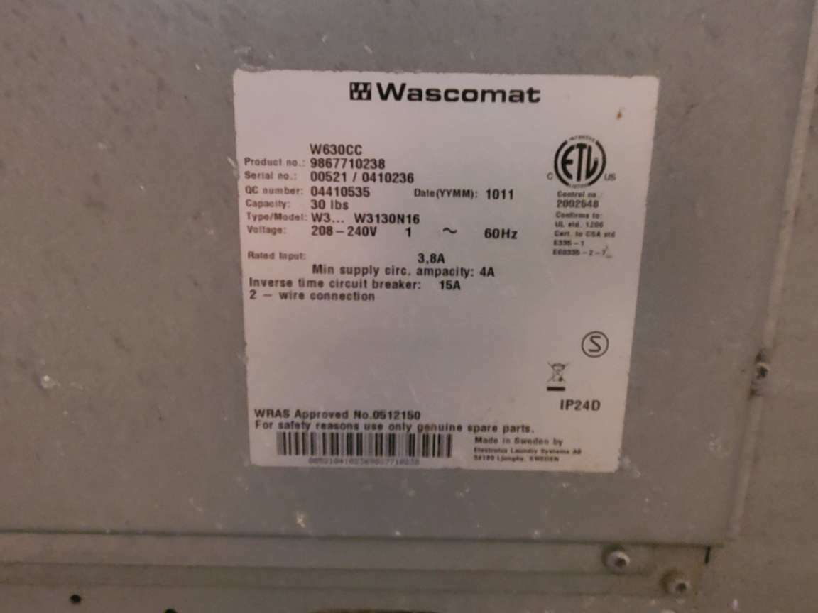 Wascomat W630CC FRONT LOAD WASHER COIN OP 30LB 208-240V S/N 00521/ ...