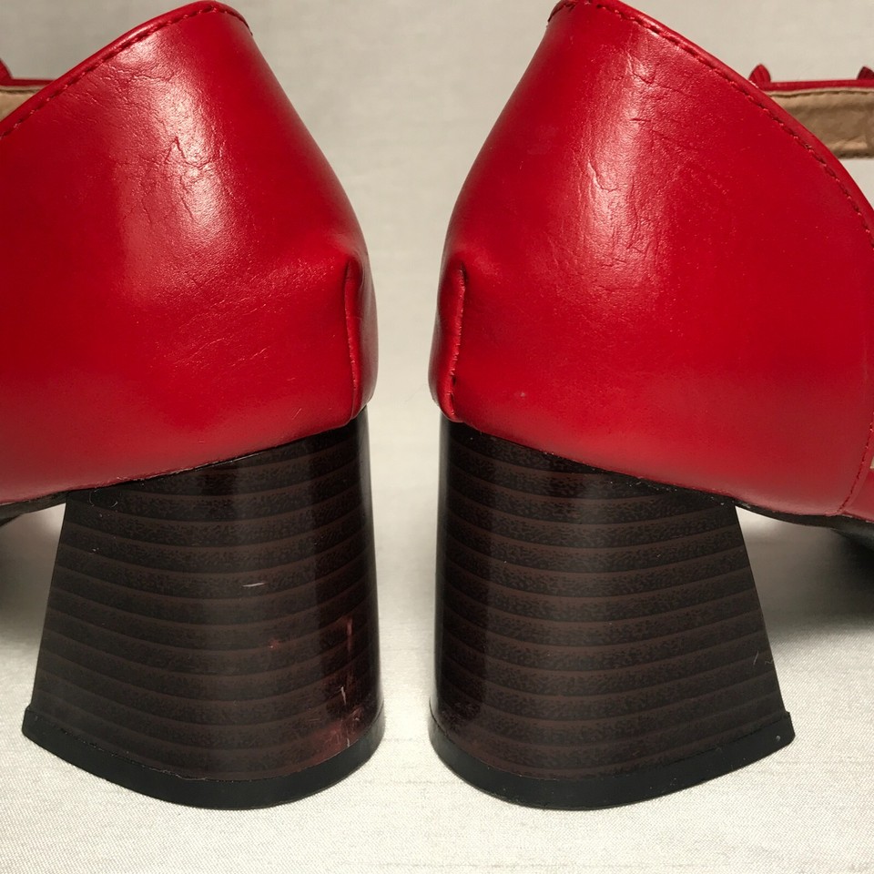 Vintage 90s Red Pumps Shoes Chunky Heel Square Toe Cross Strap Flowers ...