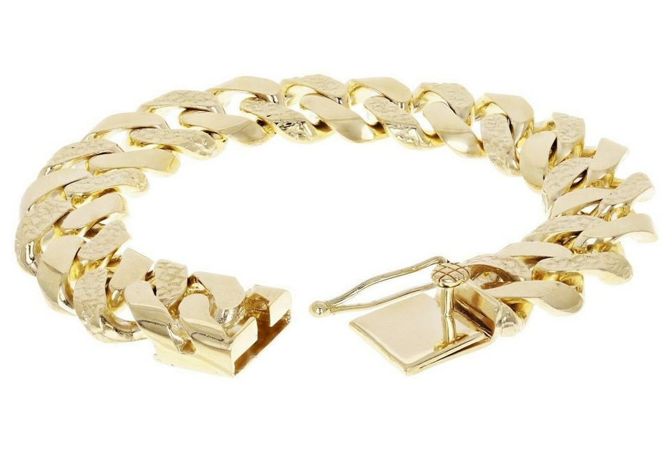 10k Yellow Gold Solid Nugget Curb Cuban Link Chain Bracelet 9" 19mm 111 ...