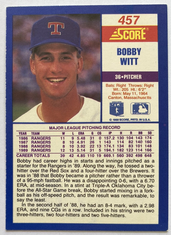 BOBBY WITT SIGNED IP SCORE 1990 #457 TEXAS RANGERS MLB BASEBALL AUTO | eBay