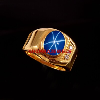Lab Created Linde Star Sapphire With 18K Gold Plated Silver Men's Ring ...