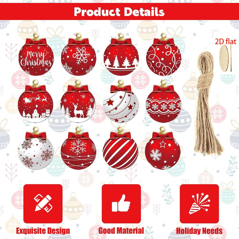 12pcs Creative Christmas Ball Wooden Pendant Hanging Decoration Holiday ...