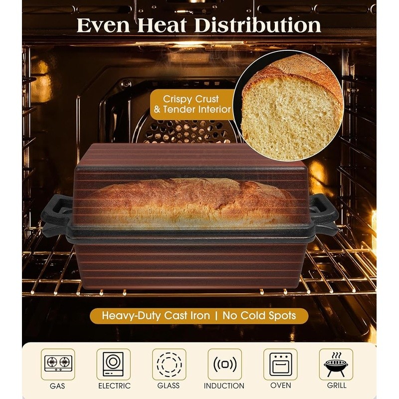 Cast Iron 2-in-1 Dutch Oven Bread Pan Nonstick Baking Pan Even Heat ...