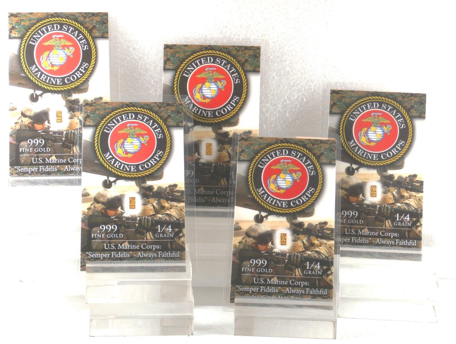 FIVE PACK UNITED STATES MARINE CORPS 1/60 GRAM GOLD BAR 24k PURE REAL ...