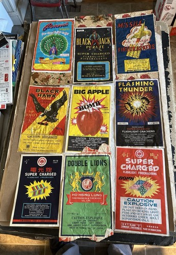 9 Vtg Firecracker Large Brick Labels Peacock Black Hawk Missile Big ...