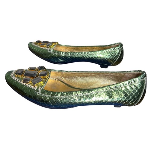 Prada Green Metallic Snake embossed Jeweled Rhinestone Ballet flats 38. ...