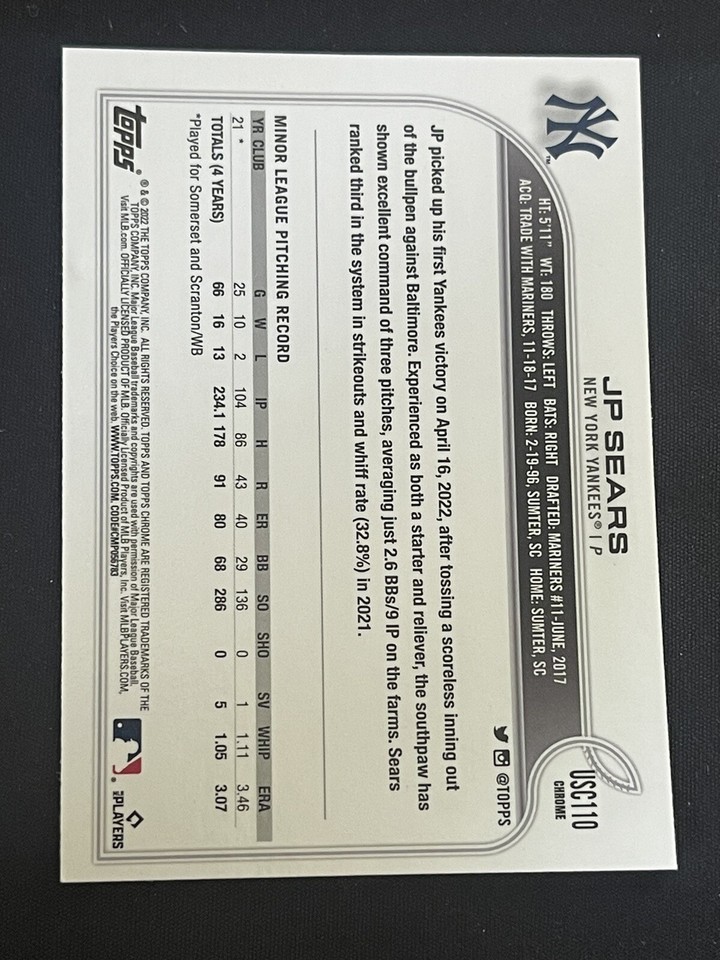 2022 Topps Chrome Update JP Sears Rookie Card Purple Refractor RC ...