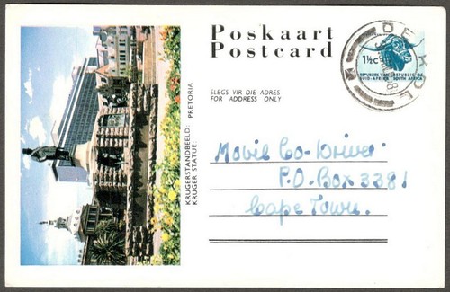 South Africa 1966 1 1/2c Bull illus postal card KRUGER STATUE, PRETORIA ...