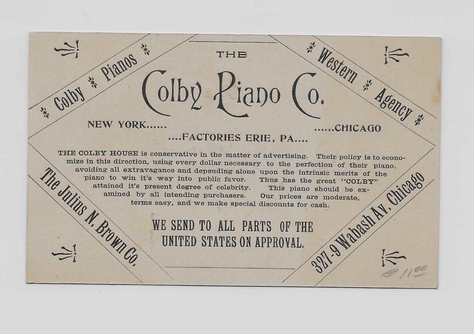 VICTORIAN TRADE CARD* COLBY PIANOS *JULIUS N. BROWN CO.*CHICAGO IL ...