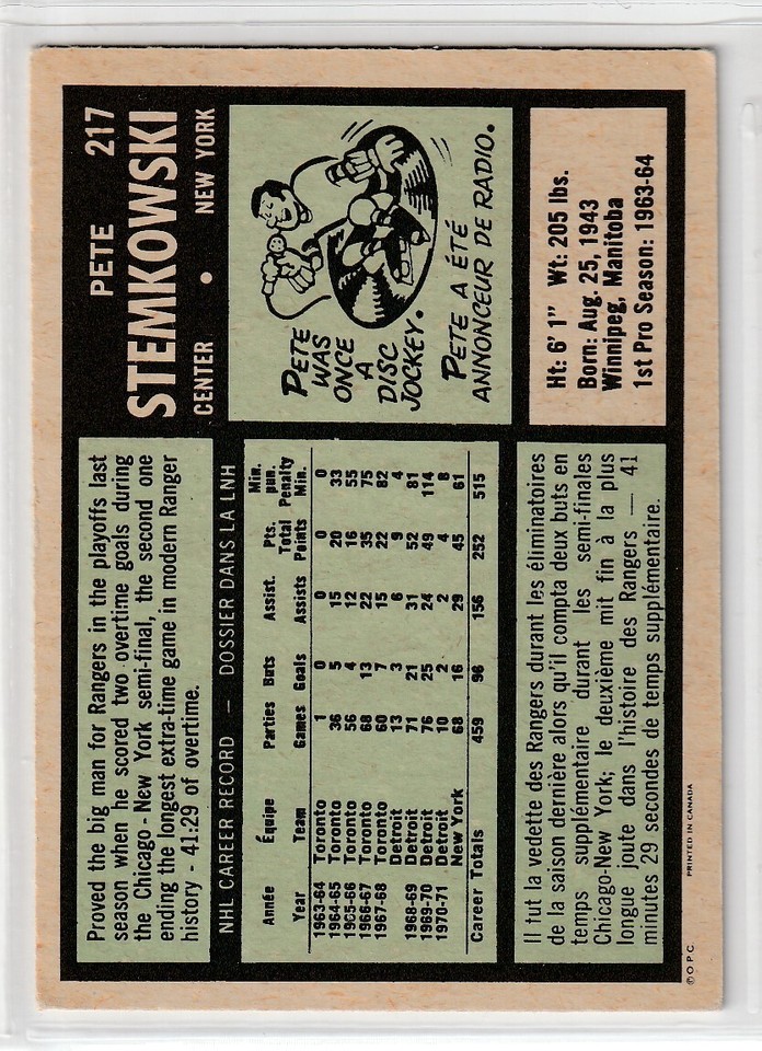 1971-72 O Pee Chee Hockey #217 Pete Stemkowski New York Rangers | eBay