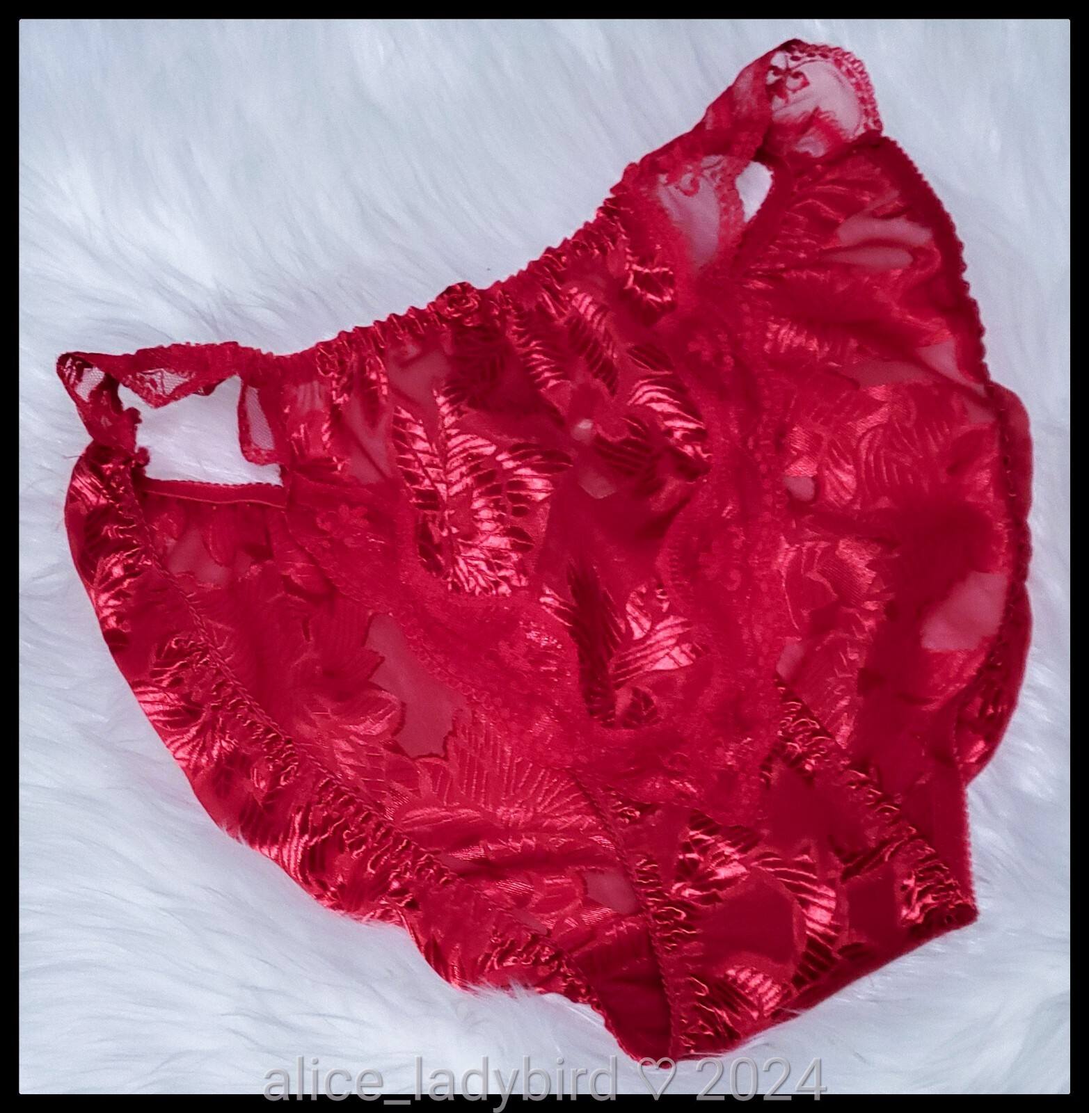 NOS Vintage SHINY String Bikini PANTIES Red SATIN Lac… - Gem