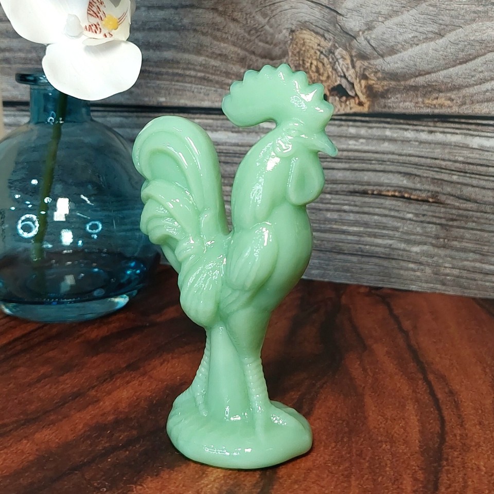 Green Jadeite Glass Depression Style Rooster Chicken Figurine, Vintage ...