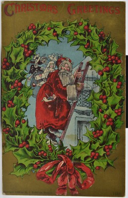 1909 - Christmas Postcard - Christmas Greetings - Santa on Ladder | eBay