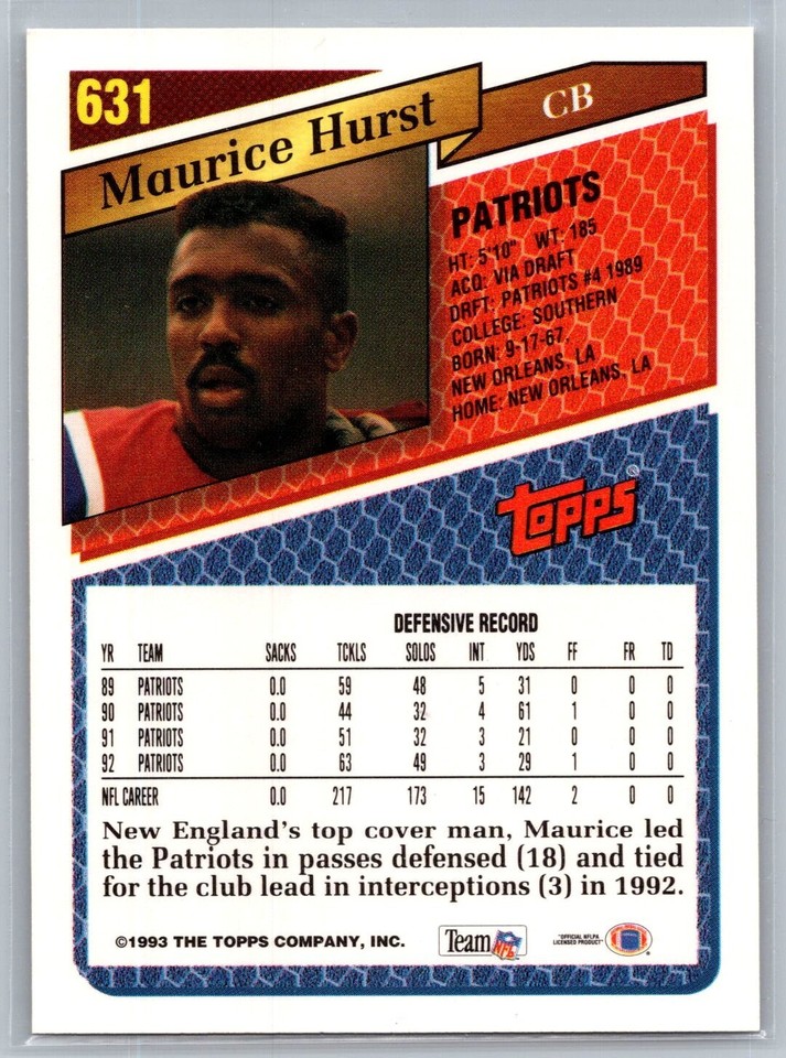 1993 TOPPS CARD # 631 Maurice Hurst - New England Patriots | eBay