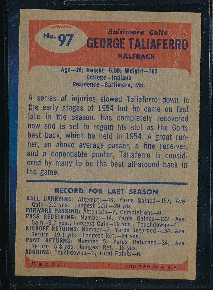 1955 Bowman Football #97: GEORGE TALIAFERRO Baltimore Colts ~ VG-EX ...
