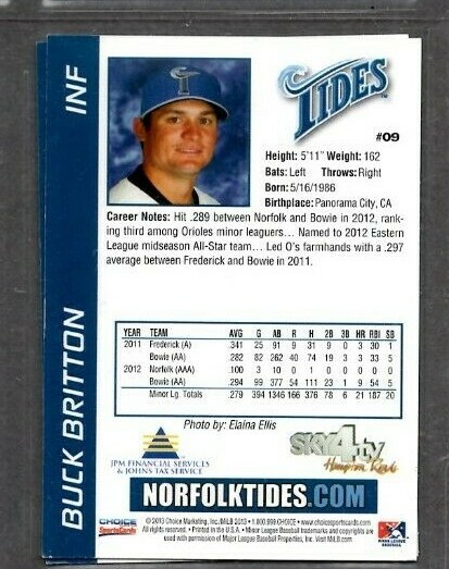 2013 Choice #9 Buck Britton Norfolk Tides Baseball Signed Autograph ...