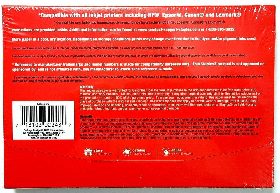 Staples brand premium photo paper 100 sheets 4x6 for inkjet printers ...