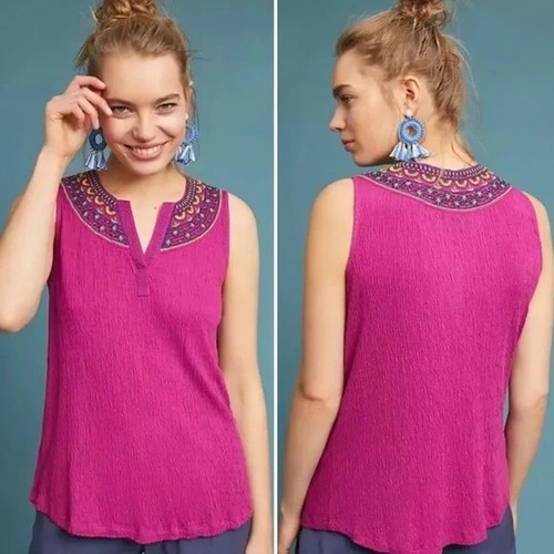 Akemi Kin Anthropologie Tank Top Women's XS Magenta Vizela Embroidered ...