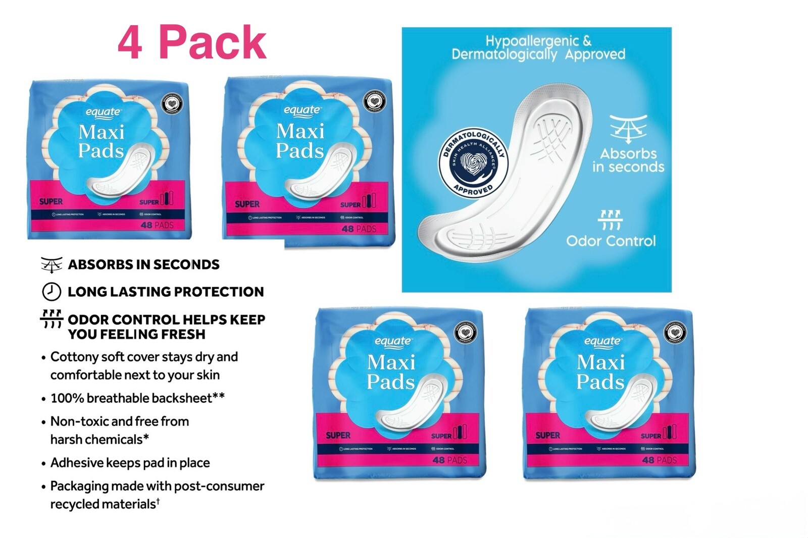 Equate Maxi Pads, super (192 Count) absorbent pads Pack Of 4- Best ...