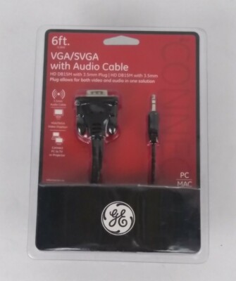 GE VGA/SVGA With 6 Ft. Audio Cable HD DB15M W/ 3.5mm plug PC To TV Or ...