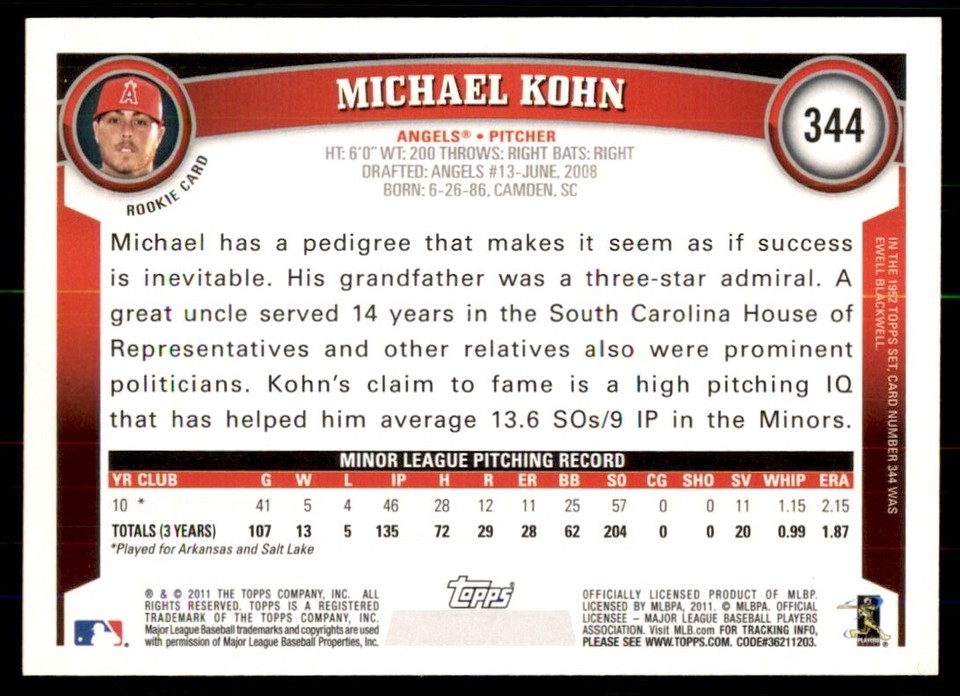 2011 Topps Michael Kohn Rookie Los Angeles Angels #344 MLB Baseball Card | eBay