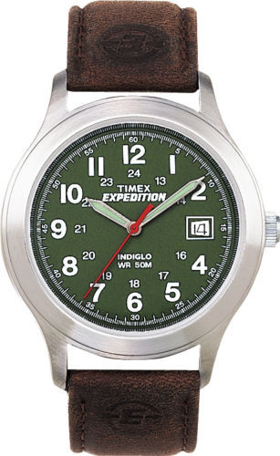 Timex T40051, Men's "Expedition" Brown Leather Watch, Indiglo, Date ...