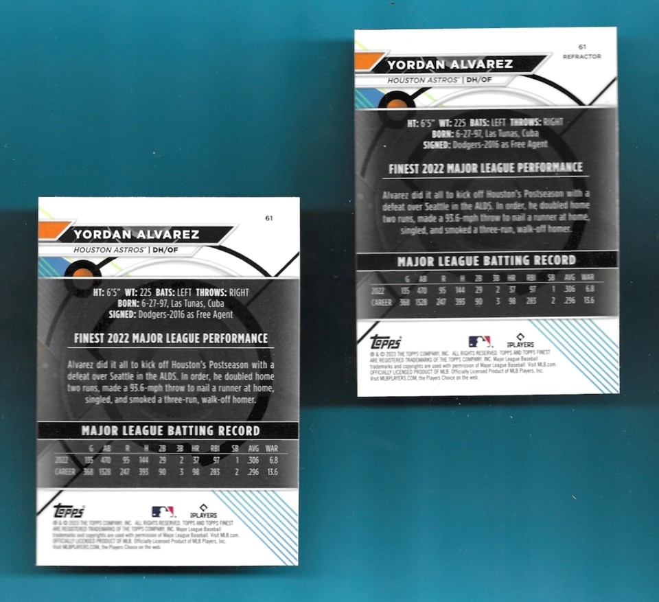 BOTH! 2023 Topps Finest REFRACTOR/BASE # 61 YORDAN ALVAREZ HOUSTON ...