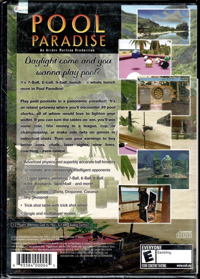 Pool Paradise Ps2 New Advanced Physics 11 Pool Games 30 Opponents + 4 ...