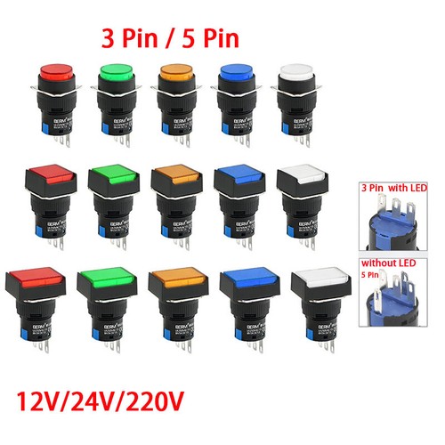 Schalter Drucktaster Taster 3 Pin 5 Pin Druckschalter 12V 24V 220V 16MM ...
