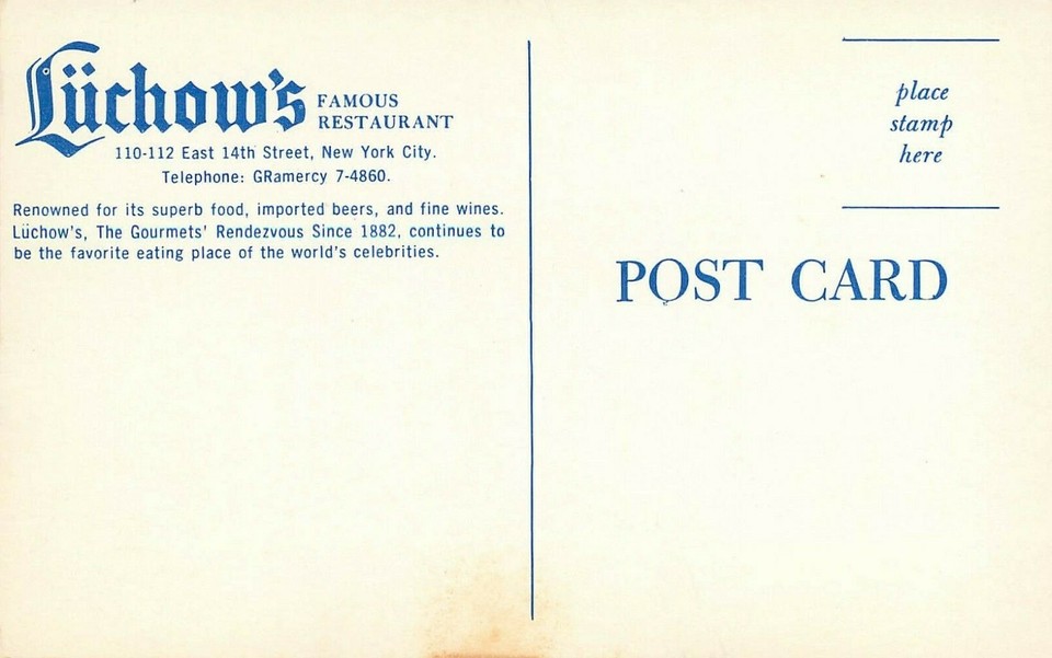 Luchow's Famous Restaurant Postcard Vintage 14th Street New York ...
