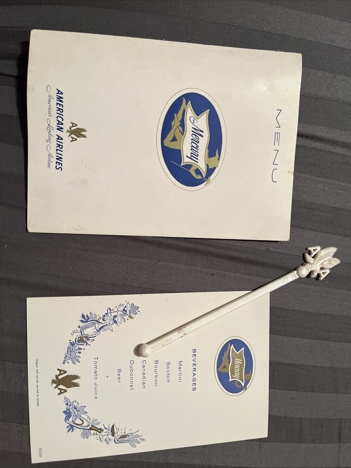 American Airlines Mercury Service Menu Drinks And Vintage Stirrer 1950 ...