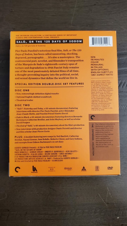 Salo 120 Days of Sodom DeSade CRITERION Collection DVD Set w/BOOK ...