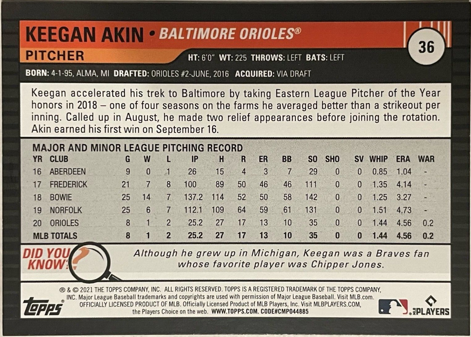 2021 TOPPS BIG LEAGUE #36 KEEGAN AKIN *ROOKIE CARD* BALTIMORE ORIOLES ...