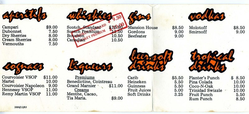 Hilton International Trinidad Hotel Drink List 1983 | eBay