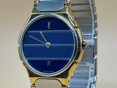 YVES SAINT LAURENT Three Lines NAVY Gold Date 30mm France QZ Watch From ...