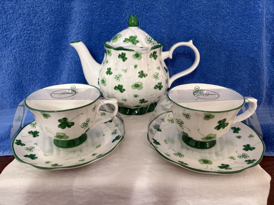 Grace Teaware St. Patrick's Day Shamrock Tea Set Teapot Plus Two Cup ...