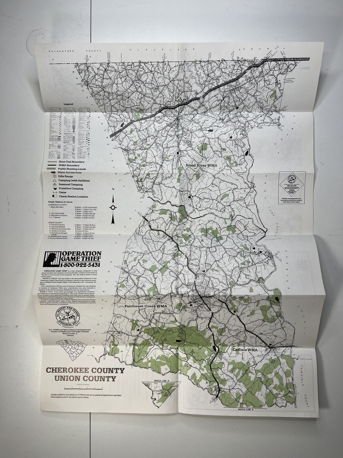 1988 South Carolina Wildlife Management Area Map Five Union Cherokee 24 ...