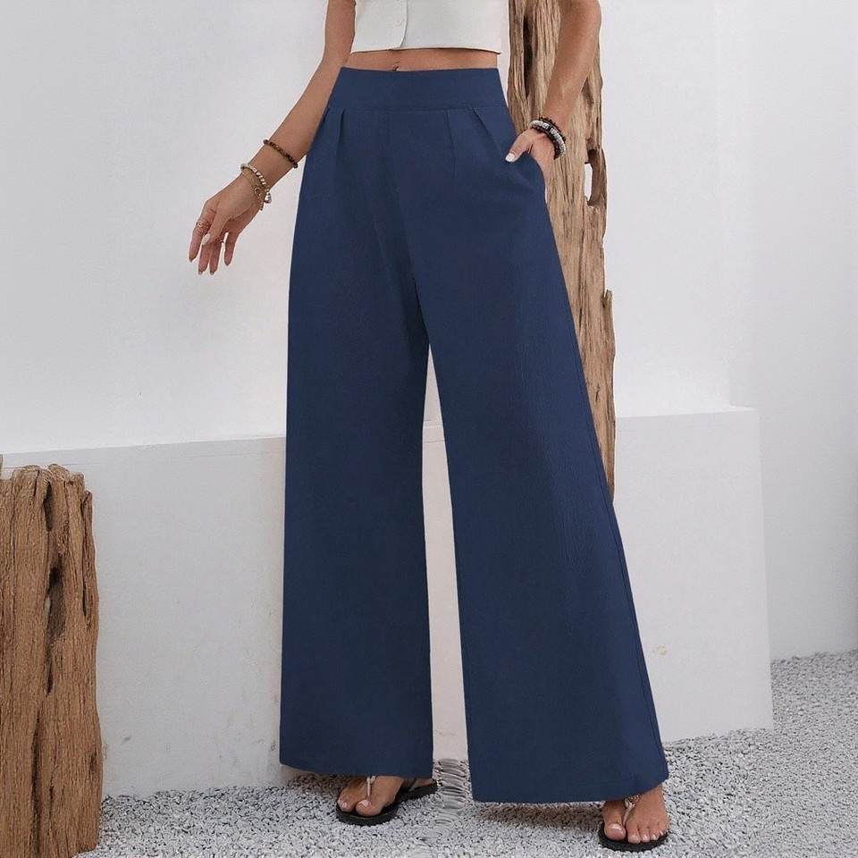 High Waist Pleated Wide Leg Pants for Women Soft Polyester Textured ...