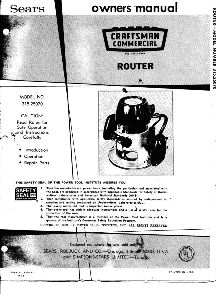 1972 Craftsman Owners Manual Router 315.25070 Instructions | eBay