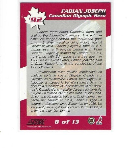 1992-93 Score Hockey "Canadian Olympians" Fabian Joseph card #8 | eBay