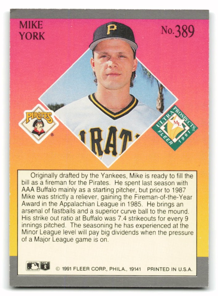 Mike York 1991 Ultra BASEBALL #389 Pittsburgh Pirates | eBay