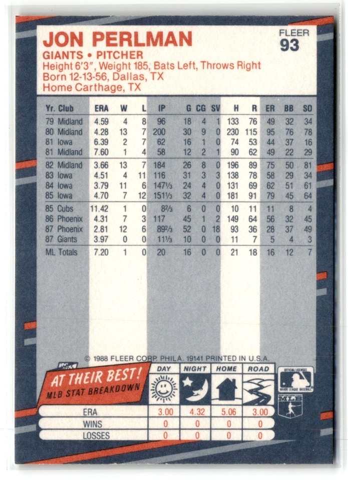 1988 Fleer Baseball Glossy/Tiffany #93 Jon Perlman Rookie San Francisco ...